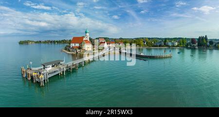 Aerial panorama of the moated castle peninsula on Lake Constance with ...