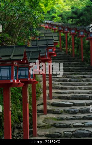 Kibune Shrine path with red painted lanterns Stock Photo - Alamy