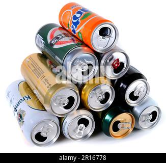 Group of empty beer cans on a platform of a brewery packaging plant ...