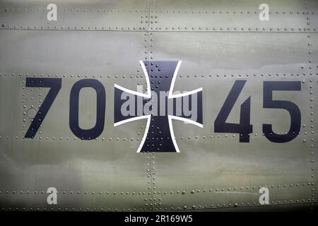 German Iron Cross insignia on the rudder and wing of a modern replica ...