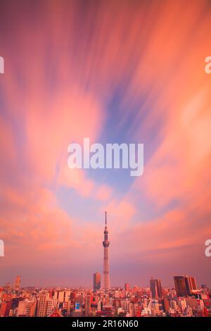 Floating clouds at sunset and Tokyo Sky Tree Stock Photo - Alamy