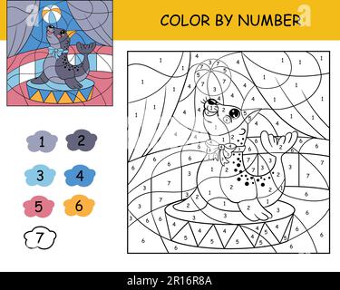 Vector circus color by number activity with clown, dove and rabbit in ...