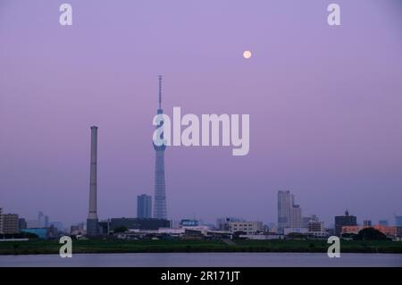Full moon view of Tokyo sky tree and Sumida river Stock Photo - Alamy