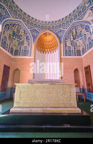 Interior view of white marble tomb, grave with elaborate tile work on ...