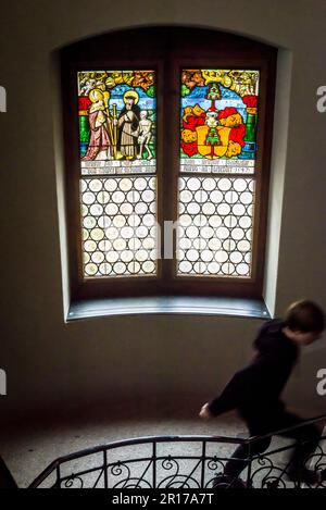 Staircase with stained glass window, Swiss National Museum, Zurich ...