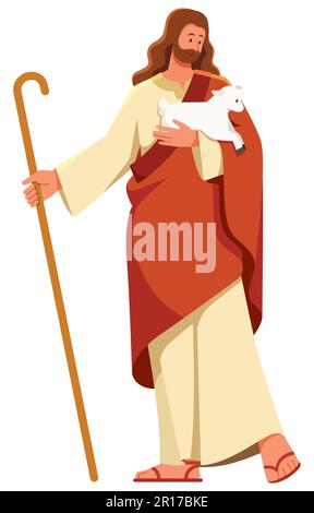 Jesus Christ The Good Shepherd. Vector illustrations depict Jesus ...