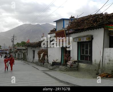 Tibet, Tsetang: typical Tibetan houses in the old quarter with stocks ...
