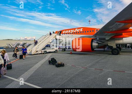 Easyjet, airline, aeroplane, orange, Airbus seen in rainy weather at ...