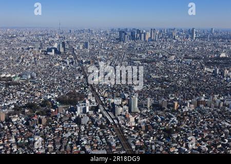 Aerial shot of Asagaya station from the west towards Shinjuku,Sky tree ...