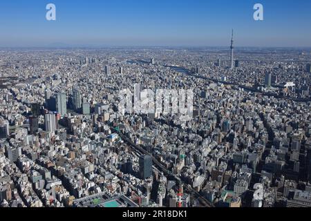Aerial shot of Kanda station from the southwest towards Ryogoku and sky ...