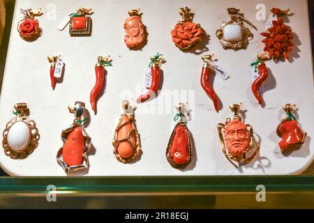 Coral jewellery, a display of coral jewellery on sale in a shop in the ...
