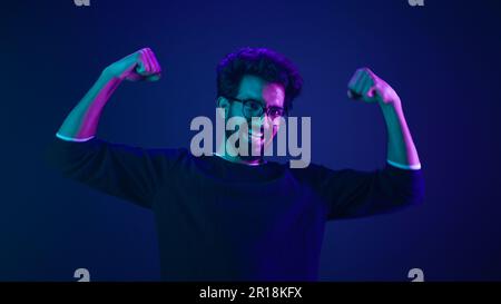 Proud slim weak Arabian man coder guy technology hacker show hands ...