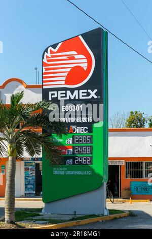 Sign for Pemex petrol gas station with fuel prices, Bacalar, Quintana ...