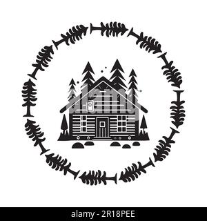Wooden log cabin in scandi linocut style vector illustration. Alpine ...