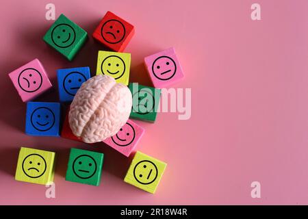 Human brain with happy, neutral and sad icon. Mental health, mood ...