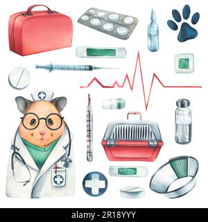 Veterinary set with doctor hamster, pet carrier, medicines. Watercolor ...
