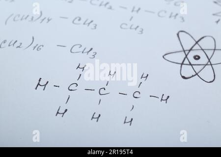 Sheet of paper with different chemical formulas, closeup Stock Photo ...