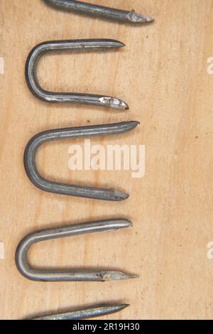 row of heavy barbed wire staples for construction and carpentry Stock ...