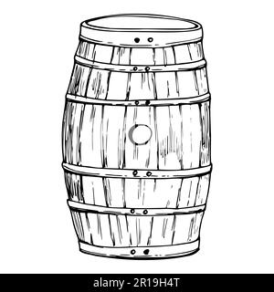 Top of wooden barrel sketch. Hand drawn oak cask vintage engraving ...