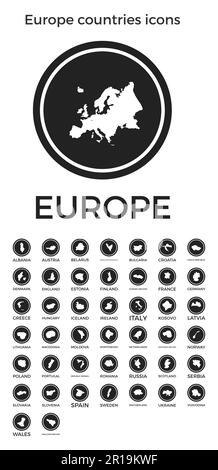 The World countries icons. Black round logos with world countries maps ...