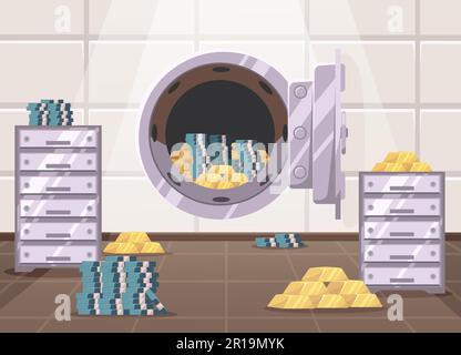 Cartoon bank vault. Gold and currency reserve, safe room entrance with ...