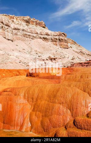 Colorful travertine deposits around the Crystal Geyser, a cold-water ...