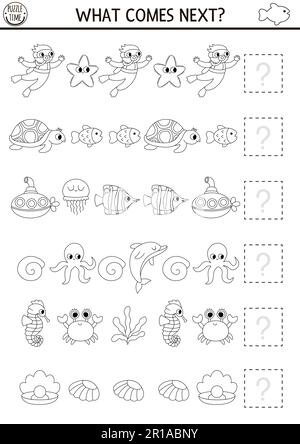 Under the sea black and white matching activity with cute fish, food ...