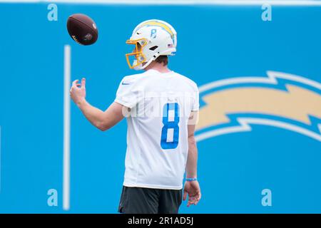 Los Angeles Chargers quarterback Max Duggan (8) runs a drill during the ...