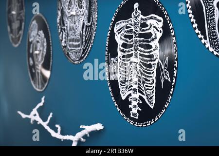 Different beautiful Halloween decorations on blue wall Stock Photo - Alamy