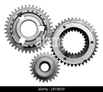 Set with different stainless steel gears on white background, top view ...