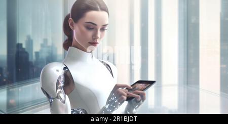 Insta woman, beautiful humanoid android cyborg, working on smartphone ...