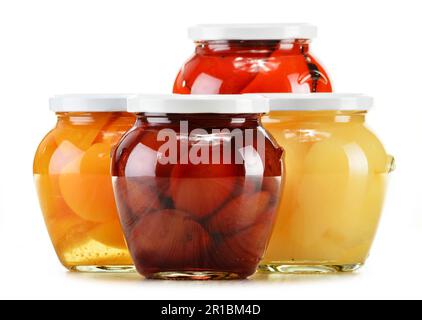 Jars with fruity compotes isolated on white background. Preserved ...