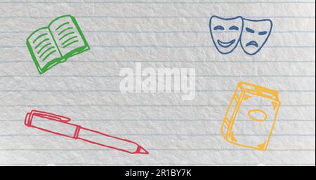 Image of multiple school concept icons against white lined paper ...