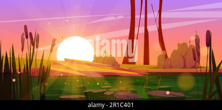 Green swamp and cattail near lake, mountain skyline vector background ...