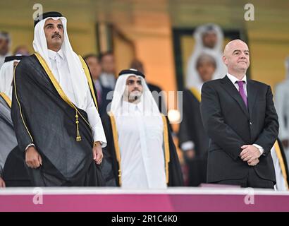 Sheikh Ahmad bin Ali al Thani, the Emir of Qatar seated during an ...