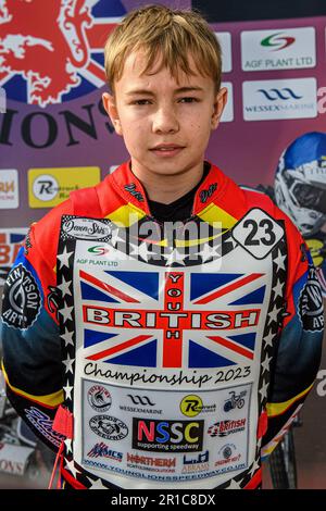 Manchester, UK. 12th May 2023. Harry Fletcher (Blue) leads Oliver Binns ...