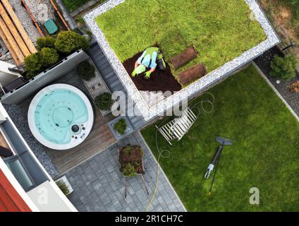 Aerial View of Green Sedum Roof Installation on a Garden Shed Performed ...