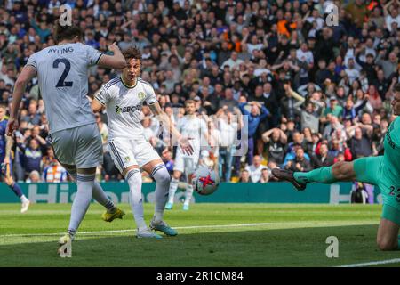 Luke Ayling of Leeds United makes a diving header during the Premier ...