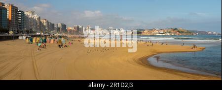 Panoramic view of San Lorenzo beach and the bay of Gijon city, Asturias ...