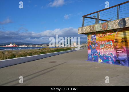 Monuments and artwork along the waterfront of Punta Arenas in southern ...