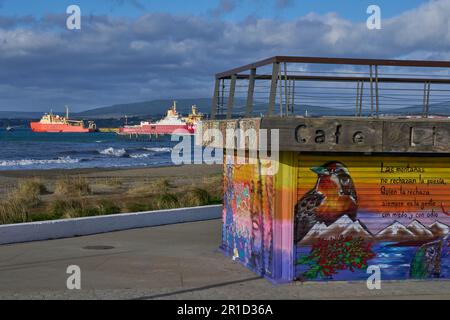 Monuments and artwork along the waterfront of Punta Arenas in southern ...
