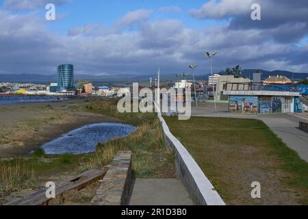Monuments and artwork along the waterfront of Punta Arenas in southern ...