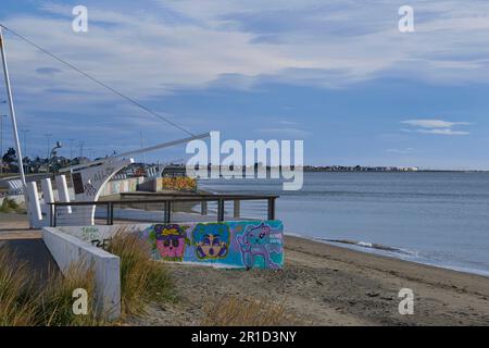 Urban artwork along the waterfront of Punta Arenas in southern Chile ...