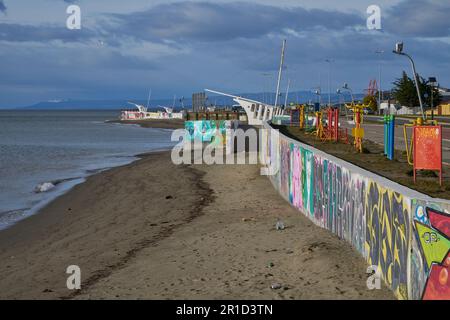 Urban artwork along the waterfront of Punta Arenas in southern Chile ...