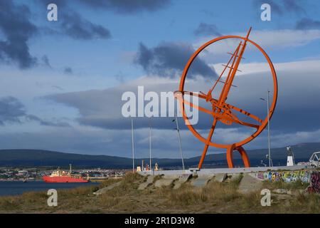 Monuments and artwork along the waterfront of Punta Arenas in southern ...