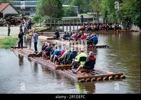 Wallenfels, Germany. 13th May, 2023. A raft travels along the Wilde ...
