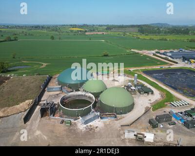Aerial view of anaerobic digester tanks on a farm in Herefordshire ...