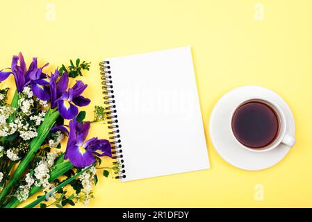 Spring workspace and blank notepad mockup with place for your text ...