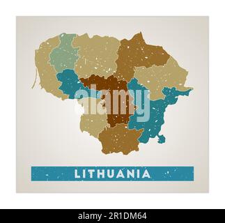 Lithuania vintage map. Grunge poster with map of the country in retro ...