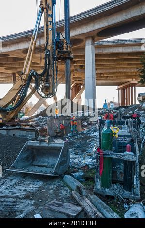A drilling rig for digging drilled shafts to support freeway on-ramps ...